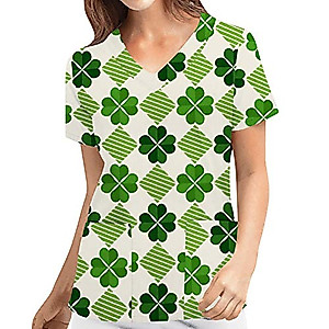St. Patrick Leaf Printed Short Sleeve Tops for Women Scrub_Tops Non-Positioning Print Working Uniform Casual Loose Shirt