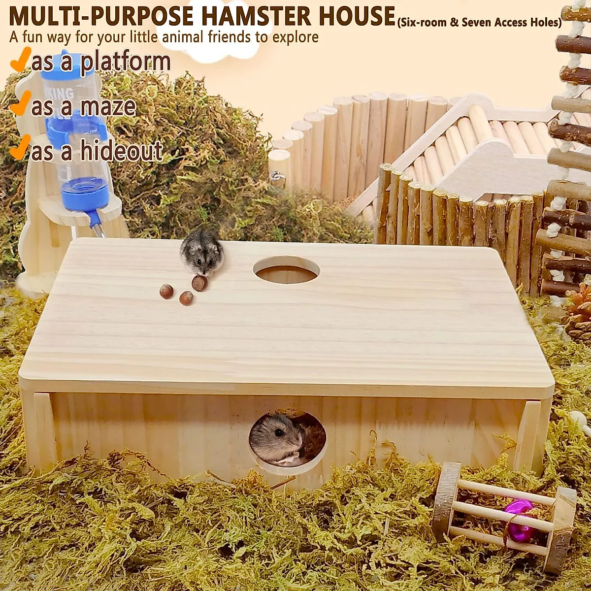 kathson Multi-Chamber Hamster Maze House,Wooden Syrian Hamster Maze Hideout,Small Pets Habitats Decor,6-Room Hideouts & Tunnel Exploring Toys for Dwarf Hamsters,Gerbils,Mice,Lemmings,Mouse