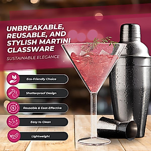 Simple Essence Rose Gold Glitter Plastic Martini Glasses With Stem (Set of 4), 9.5 Ounce, Unbreakable Reusable Cocktail Glasses - Ideal for Parties, Poolside, RV, Camping, Holiday, Entertaining