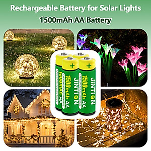JINTION AA Rechargeable Batteries, Double A Ni-MH High Capacity 1.2V 1500mAh Pre-Charged AA Solar Battery for Solar Lights String Lights Remotes Toys, 4 Pack