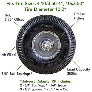 Marathon Universal Fit Pneumatic (Air Filled) Hand Truck / All Purpose Utility Tire on Wheel with Adapter Kit Included