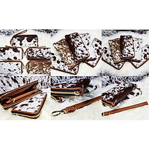Womens Zipper Wristlet Cowhide Clutch Real Leather Wallet Purse, Handbag Organizer for women Size 8 x 4 Inches by NGF (CL-02 Brown & White (Zipper))