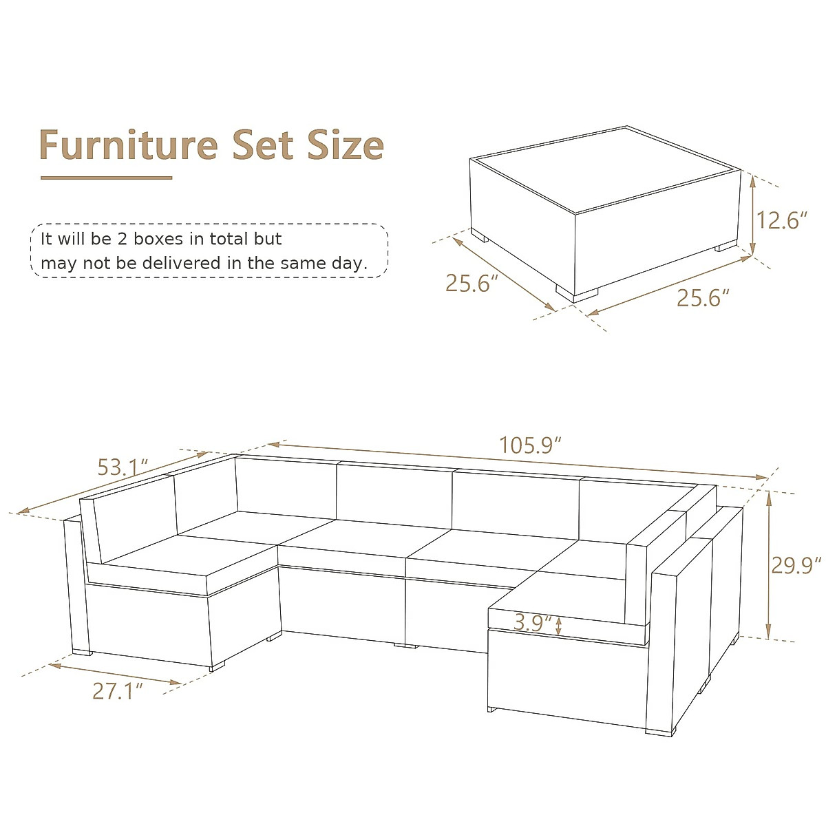 U-MAX Outdoor Sectional Furniture Chair Set with Cushions and Coffee Table,Patio PE Rattan Wicker Sofa, 7 Piece