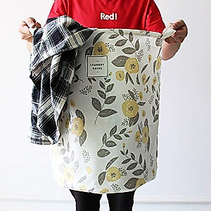 UUJOLY Collapsible Laundry Basket, Laundry Hamper with Handles Waterproof Round Cotton Linen Laundry Hamper Printing Household Organizer Basket, 19.7x15.7 inches, Yellow