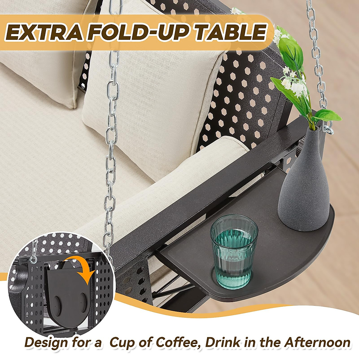 Yalissey 3 Seat Hanging Porch Swing, Patio Swing Bench with Tea Trays & 3 Back Cushions, Swing Chair with Chains for Deck Garden Backyard (Beige)