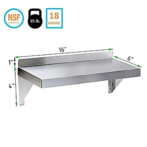 Express KitchQuip Stainless Steel Wall Shelf | Square Edge | Metal Shelving | Heavy Duty | Commercial Grade | Wall Mount | NSF Certified (6” Width x 16” Length)
