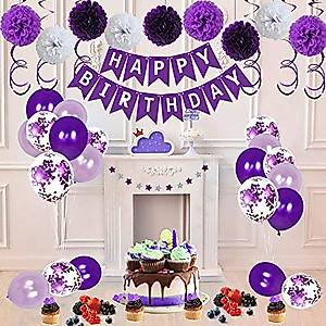 Birthday Decorations for Girls Women, Purple Party Decorations Happy Birthday Decoration with Bunting Banner, Balloons, Pompoms, Hanging Swirl for Bday Engagement Anniversary Party Decor Suit