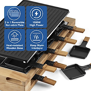 Indoor Grill, CUSIMAX Raclette Table Grill, 1500W Electric Grill Korean BBQ Grill with 2 in 1 Reversible Non-stick Plate/Wooden Base, Party Grill with 8 Trays & Wooden Spatulas, New Model
