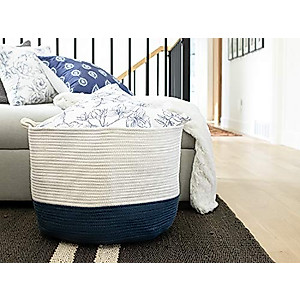 Chloe and Cotton XXXL Extra Large Woven Rope Storage Basket 15 x 21 inch Navy White Handles | Decorative Laundry Clothes Hamper, Blanket, Towel, Baby Nursery Diaper, Toy Bin Cute Collapsible Organizer