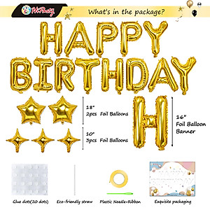 23pcs Birthday Balloons Banner, 3D Gold Premium Mylar Foil Ecofriendly Letter Happy Birthday Banner with 5pcs Star Balloons Kits for Kids Girls Boys Men Adults Birthday Party Decorations Supplies