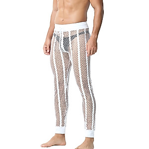 QiaTi Men's Fishnet Pants Mesh See Through Muscle Leggings Stretchy Drawstring Long Pants B-White