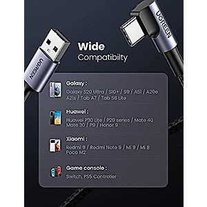 UGREEN USB C Charging Cable, 2-Pack Right Angle 3A Fast Charge QC3.0 USB A to USB C Cable, Nylon Braided Cord Compatible with Galaxy S10/S10+, iPad Mini 6, Pixel 7, Switch, etc. 6.6FT