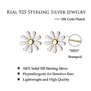 Reffeer Solid 925 Sterling Silver Daisy Flower Stud Earrings Spring for Women Teen Girls Daisy Stud Earrings Flower (B-18K Gold)