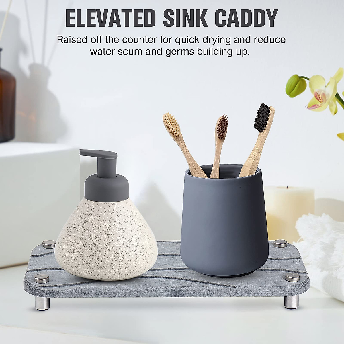 Kitchen Sink Caddy, Water Absorbing Stone Tray for Sink, Dries Instantly Kitchen Sink Organizer with Stainless Steel Feet Sink Tray for Soap Water Bottles Candles Protection Modern Home 2PCS