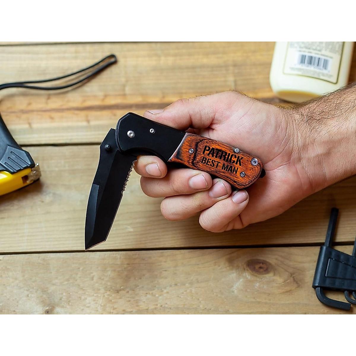 Personalized Pocket Knife For Men, Automatic Spring Assisted Tactical Switchblade Folding Knives With Belt Clip, Sharp Blades, Rosewood Custom Laser Engraved Gifts for Him, 1 Pc, EngraveMyMemories