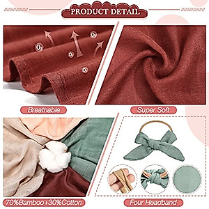 Tatuo 4 Pack Baby Swaddle Blanket Breathable Muslin Swaddle Blanket for Boys Girls, 4 Soft Elastic Baby Headbands with Hair Bows, 47 x 47 Inch Receiving Blanket for Newborn Infant(Light Color)