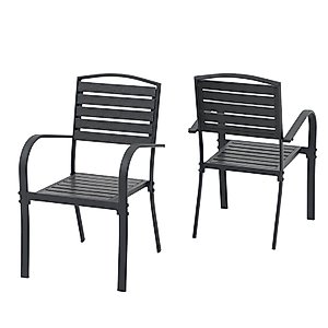 SUNSITT Patio Dining Chairs Set of 2, Aluminum Outdoor Dining Chairs with Faux Wood Slats, All-Weather Stackable Patio Chairs w/Armrests for Lawn, Porch, Garden and Deck, Black