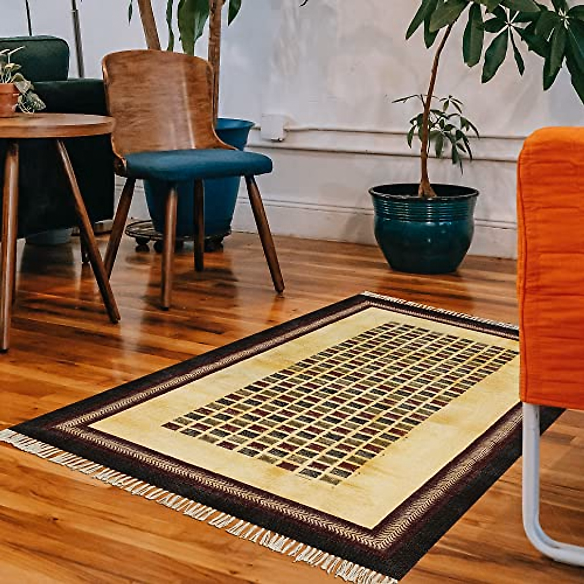 Casavani Hand Block Printed Cotton Dhurrie Geometric Yellow & Brown Area Rug Easy Washable Dhurrie Best Uses For Bedroom,Living Room,Dining Room,Bathroom,Kitchen 3x10 Feet Runner