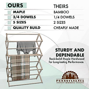 Pennsylvania Woodworks Clothes Drying Rack: Solid Maple Hardwood Laundry Rack for Bedding, Blankets, Towels & More, Heavy Duty, Folding Drying Rack Made in USA, No Assembly Needed, Extra Large