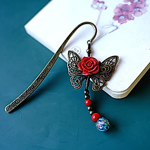 YIRUZWRD Classic Metal Bookmark Rose Flower Butterfly Design Bead Pendant Beading Bookmark
