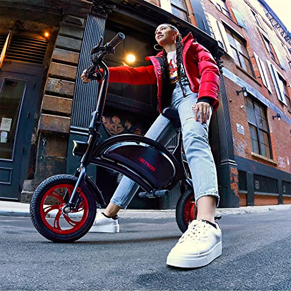 Jetson Bolt Adult Folding Electric Ride On, Foot Pegs, Easy-Folding, Built-In Carrying Handle, Lightweight Frame, LED Headlight, Twist Throttle, Cruise Control, Rechargeable Battery