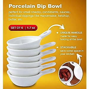 Bruntmor Set Of 6 Side Dish Porcelain Dip Bowl Set with Handle, for Soy Sauce, Ketchup, Appetizer, BBQ and Dinner, 1.7 ounce, White