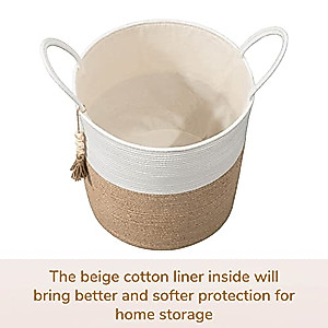 CherryNow Wicker Laundry Basket Tall Woven Hamper, Blanket Storage Basket for Living Room, Entryway, Toy Basket for Nursery, Decorative Clothes Hamper for Bedroom, White & Jute, 51L, 15 x 17.7 inches