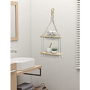 Mazjoaru Macrame Wall Hanging Shelves, Boho Handmade White Shelf Cotton Rope Sturdy Wooden Mounted Cute Decor Display Storage for Plant Bathroom Bedroom Living Room Office-2 Tier