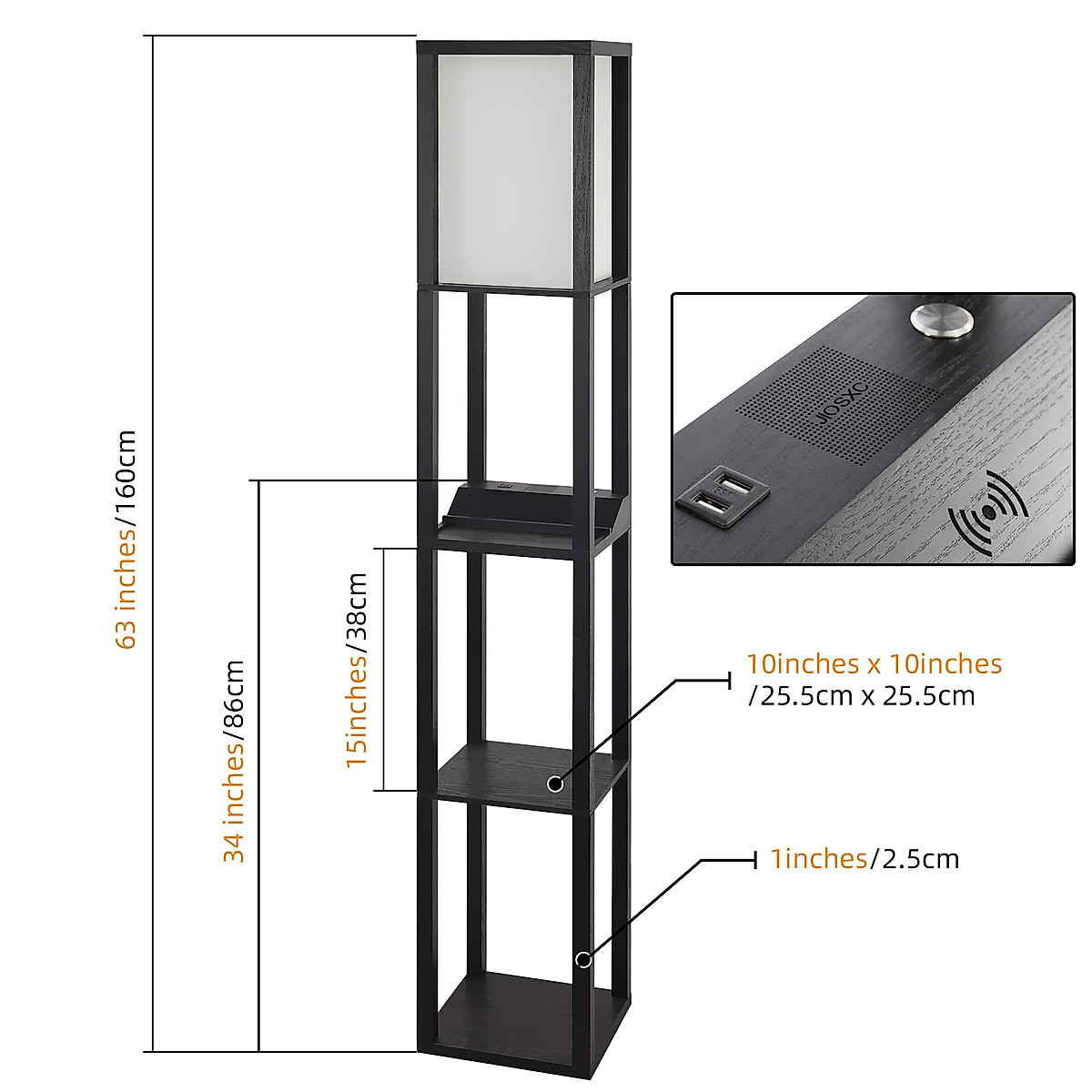 Touch Control Shelf Floor Lamp With QI Wireless Charging Station, Modern Dimmable LED Floor Lamps with Shelves, 2 Fast Charging USB Ports , Skinny Standing Floor Lamp for Living Room, Bedroom (Black)