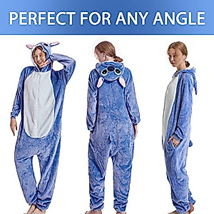 Folisof Onesies Pajamas, Unisex Adult Novelty One-Piece Cosplay Animal Sleepwear & Homewear, Halloween Costume for Women Men (Large, Stitch)