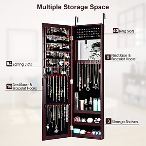 COSTWAY Full Length Mirror Jewelry Cabinet, Wall Door Mounted Jewelry Organizer with Makeup Mirror, Ring Slots and Necklace Hooks, Large Storage Jewelry Armoire for Bedroom, Dressing Room (Brown)