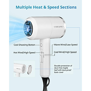 SHRATE Lightweight Ionic Hair Dryer with Diffuser - Powerful 1800W Blow Dryer for Fast Drying - Professional Low Noise Mini Hair Dryer for Travel, Gifts, Hair Styling (White)