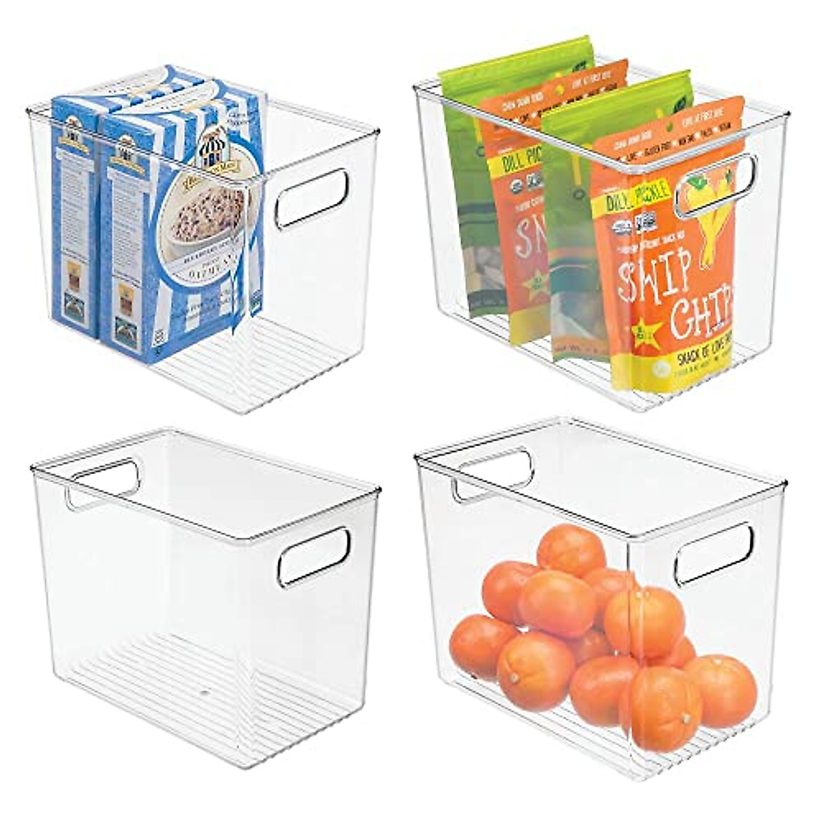 mDesign Plastic Deep Kitchen and Pantry Organizer Storage Bin with Handles for Cabinet, Fridge, Freezer - Food Storage Containers for Snacks, Yogurt Pouches or Fruit, Ligne Collection, 4 Pack, Clear