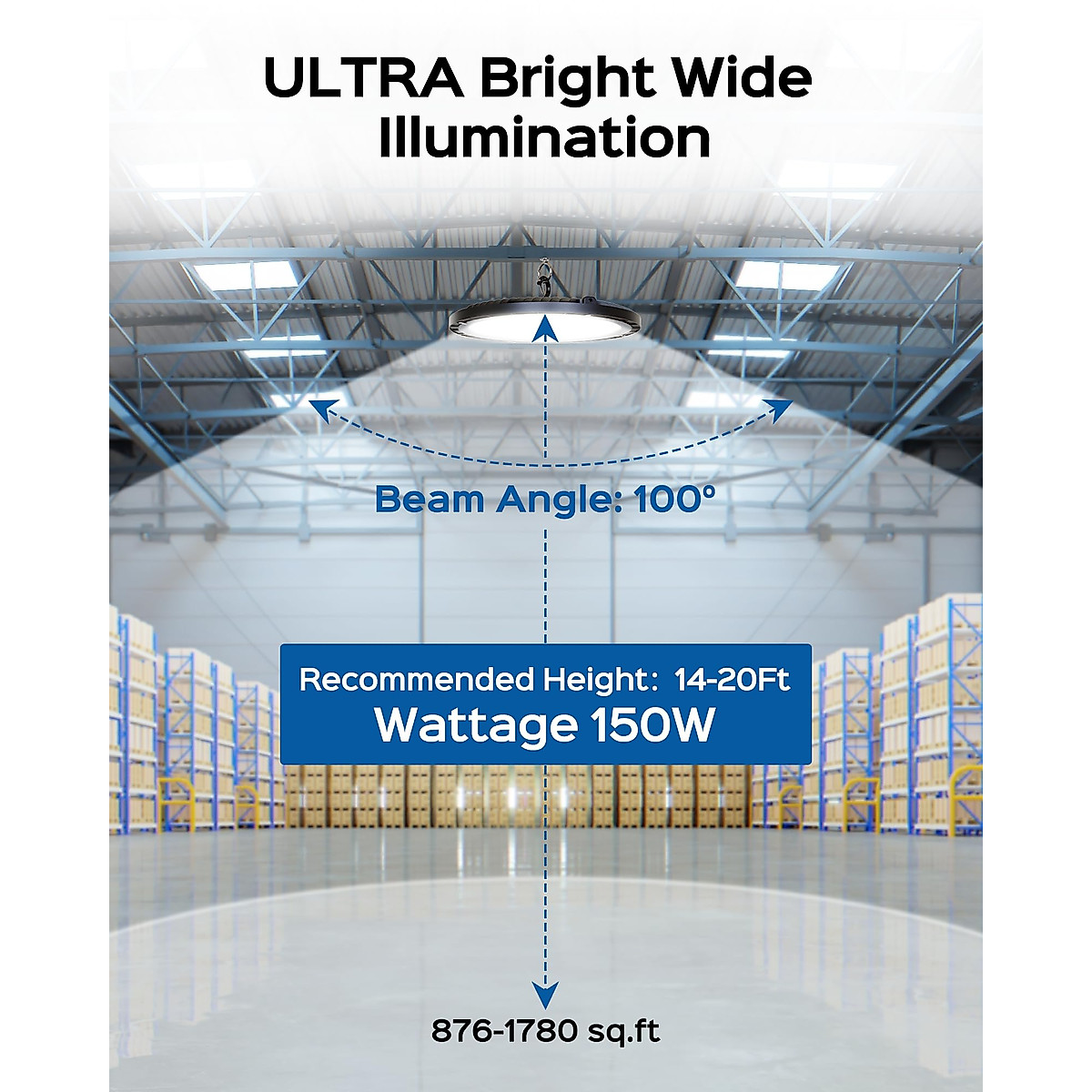 JACKYLED LED High Bay Light 150W Garage Light, 21,000LM 5000K with US Plug Shop Light，UFO High Bay Light with 6ft Cable for Gym Workshop Factory Warehouse Barn (Pack of 4)