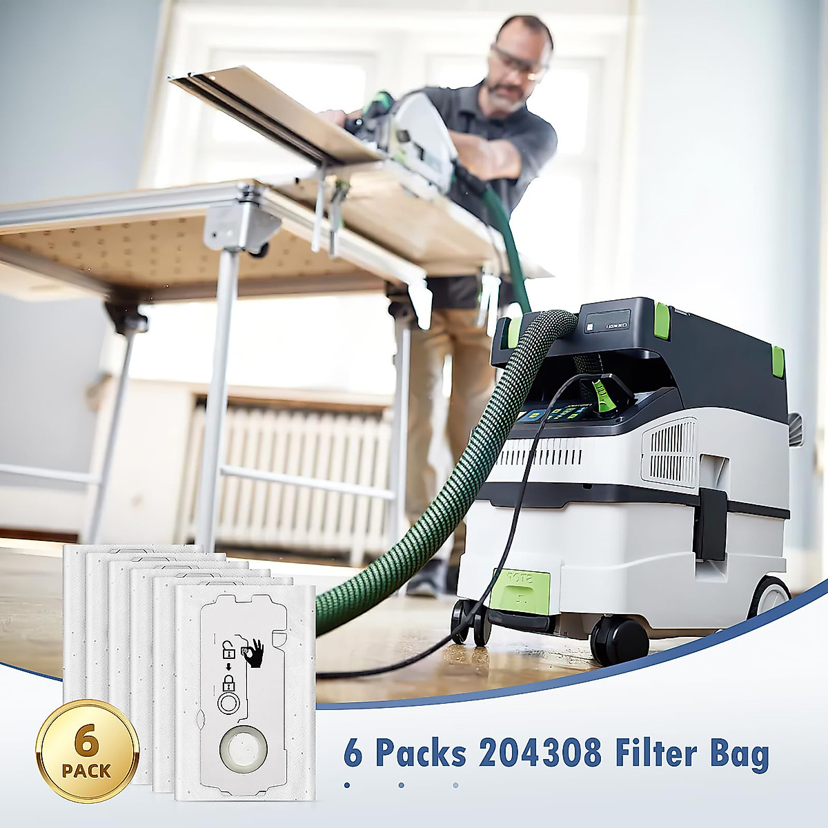 6 Pack 204308 CT Mini/Midi -2/5 Filter Bags Compatible with Festool CT MINI, CT MINI I, CT MIDI and CT MIDI I from 2019 Onwards, CTC MINI/MIDI and CT 15