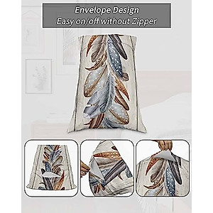 Edwiinsa Brown Blue Feather Pillow Covers Standard Size Set of 2 Bed Pillow, Farmhouse Wooden Striped Grain Plush Soft Comfort for Hair/Skin Cooling Pillowcases with Envelop Closure 20''x26''