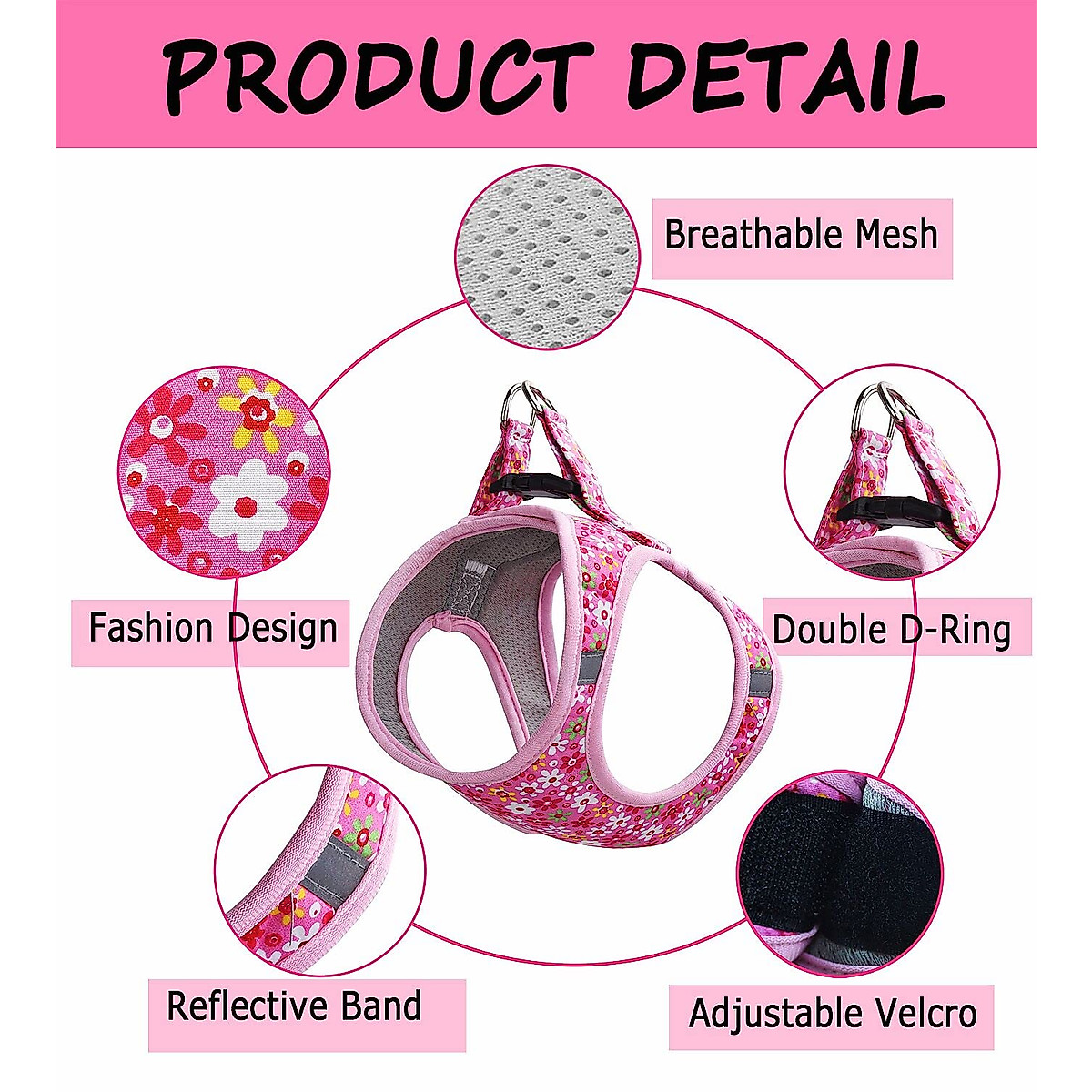 Moonpet Step in Air Dog Harness Leash Set- All Weather Reflective No-Pull Floral Pattern Padded Mesh Vest Harness for Cats Puppy Extra-Small Small Medium Large Dogs - Pink Flower - XXS