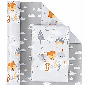WRAPAHOLIC Reversible Baby Shower Wrapping Paper - Mini Roll - 17 Inch X 33 Feet - Grey Animal Design Neutral Baby Shower, Boys Girls Kids Birthday