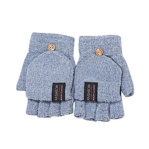 Knitted Warm Convertible Flip Mittens Top Fingerless Men Winter Gloves Men Gloves Womens Ski Mittens (Light Blue, A)