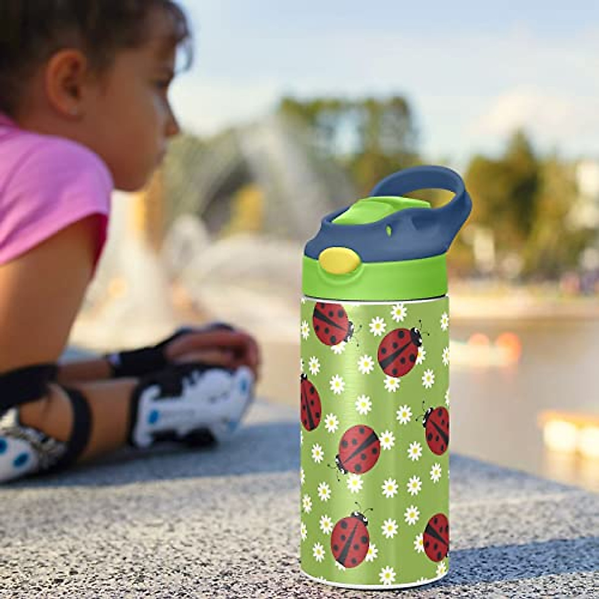 ALAZA Ladybug Kids Water Bottles with Lids Straw Insulated Stainless Steel Water Bottles Double Walled Leakproof Tumbler Travel Cup for Girls Boys Toddlers 12 oz,Green