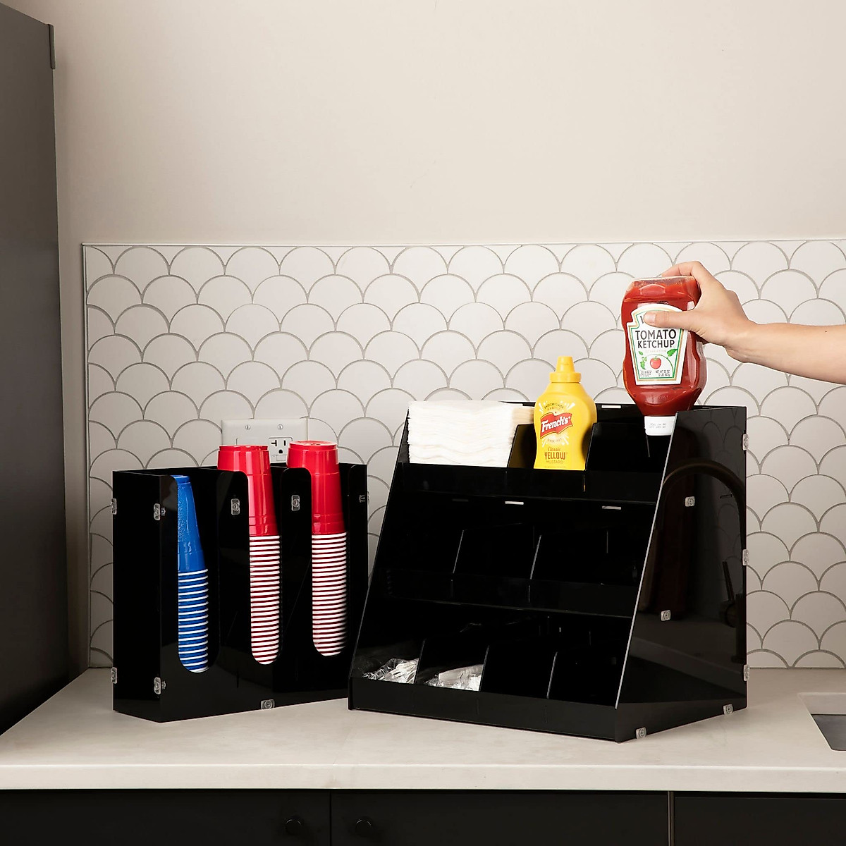 Condiment Organizer - Coffee Condiment Organizer, Caddy for K-Pods, Snack, Tea Bags, Disposable Cups, Coffee Bar Bin Box, Coffee Pods Holder, Farmhouse Decor