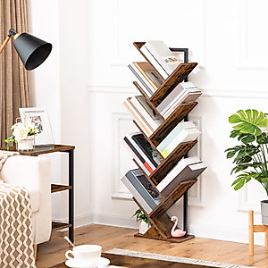 LESHP Tree 8 Shelf Retro Floor Standing Bookcase, Wood Storage Rack for CDs/Movies/Books, Utility Organizer for Bedroom, Living Room, Home Office, Rustic Brown