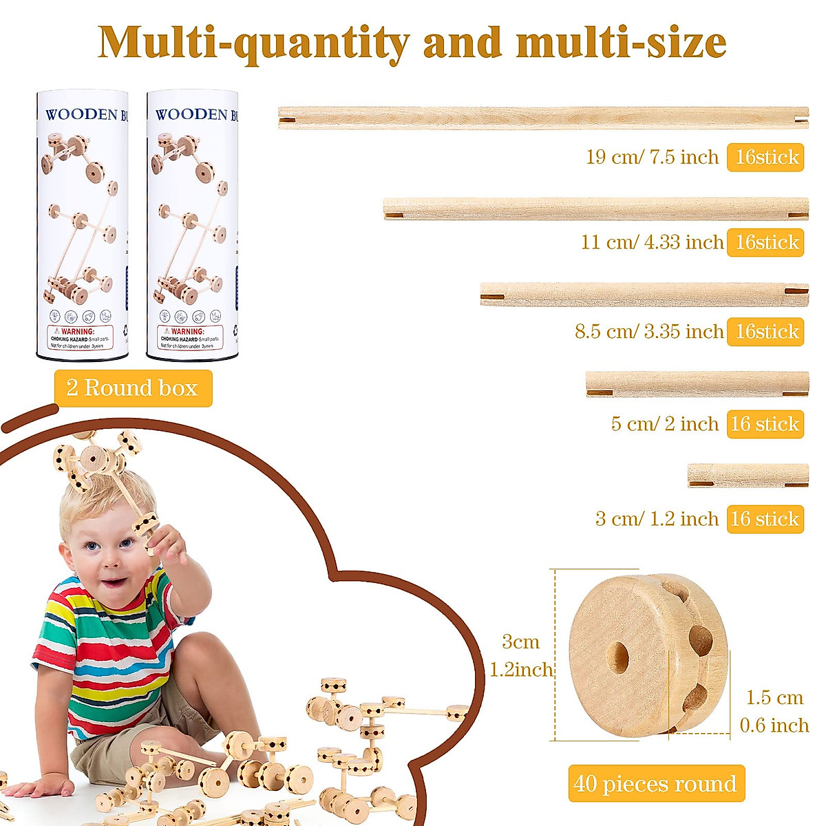 Zhanmai 2 Sets 120 Pieces Wooden Building Blocks Toys Kids Wooden Toys Educational Natural Wood Toys Learning Wooden Blocks Different Sized Toy Building Sets