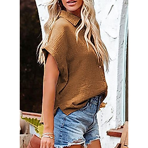 Dokotoo 2023 Fashion Summer Womens Solid V Neck Batwing Short Sleeve Shirts Button Down Cotton Office Workout Blouses Tops Resort Wear for Women Brown XL