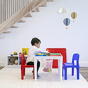 Humble Crew, White/Blue/Red Kids 2-in-1 Plastic Building Blocks-Compatible Activity Table and 2 Chairs Set, Square, Toddler & White/Primary Kids' Toy Storage Organizer with 12 Plastic Bins