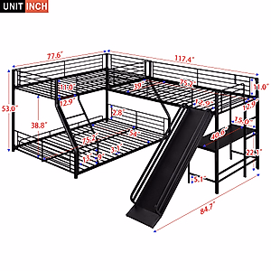 Bellemave L Shaped Bunk Bed for 3, Twin Over Full Metal Bunk Bed Frame with Size Loft Bed, Built-in Desk and Slide, for Kids Girls Boys (Black)