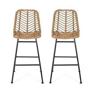 GDFStudio Outdoor Wicker Barstools (Set of 2), Light Brown and Black