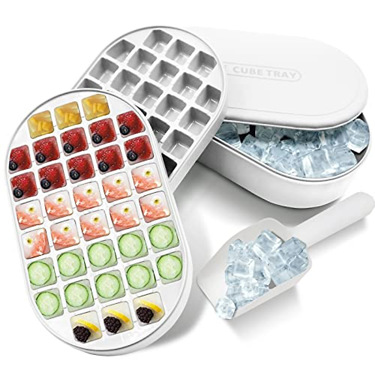 Jasilon Ice Cube Tray with Lid and Bin and Scoop for Freezer, [BPA FREE] Easy Release 72 Small Mini Ice Cube Trays with Cover Storage Container, Ice Cube Maker Ice Cube Mold Ice Cube Bin (White)