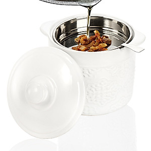 Lyellfe Ceramic Bacon Grease Container, 1.2L/40 Oz Oil Filter Pot with Strainer, White Carved Cooking Oil Container for Fat Frying Used Cooking Oil Kitchen