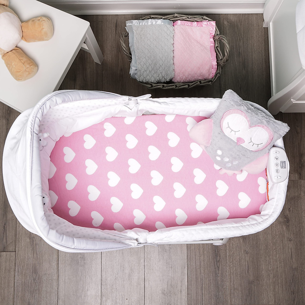 2-Pack Bassinet Sheets - 100% Cotton Jersey Knit Hearts and Dots Bassinet Mattress Pad Fitted Sheets for Baby Girl; Compatible with Bassinet Bedside Co-Sleeper Lounger Brands; Oval Rectangle Mattress